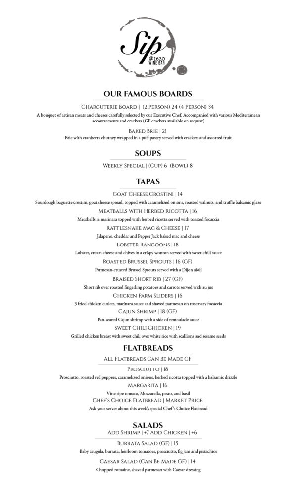 sip menu - Sip at 1620 Wine Bar